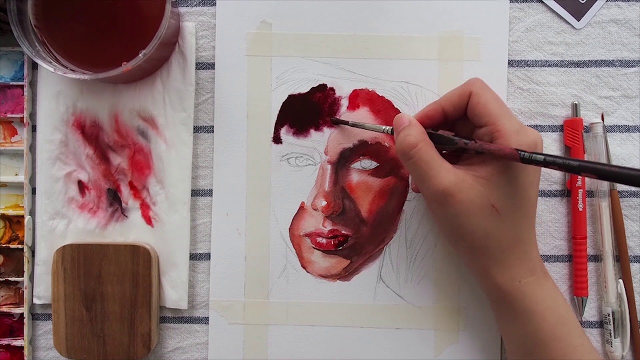 Watercolor painting - lady in shadow portrait - YouTube