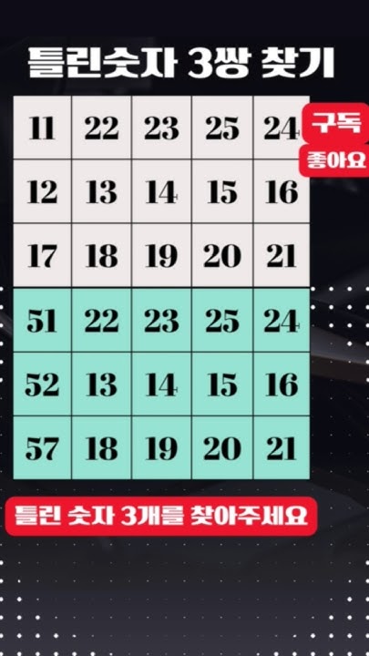 기억력을 숫자게임으로 잘하자틀린숫자 3쌍을 맞춰보세요위 아래를 비교하여 틀린숫자 3쌍을 찾아보세요틀린숫자 숫자퀴즈 치매예방 기억력 메모리 퀴즈 Youtube