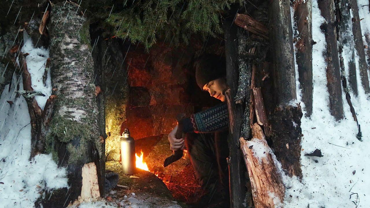 Rainy Winter Camping in my CAVE SHELTER: Can I Stay Dry? - YouTube