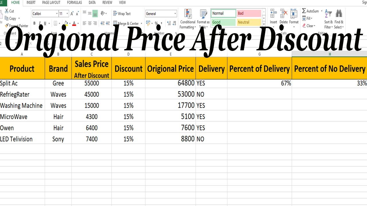 Calculate Original Sales Price After Discount In MS Excel By Learning