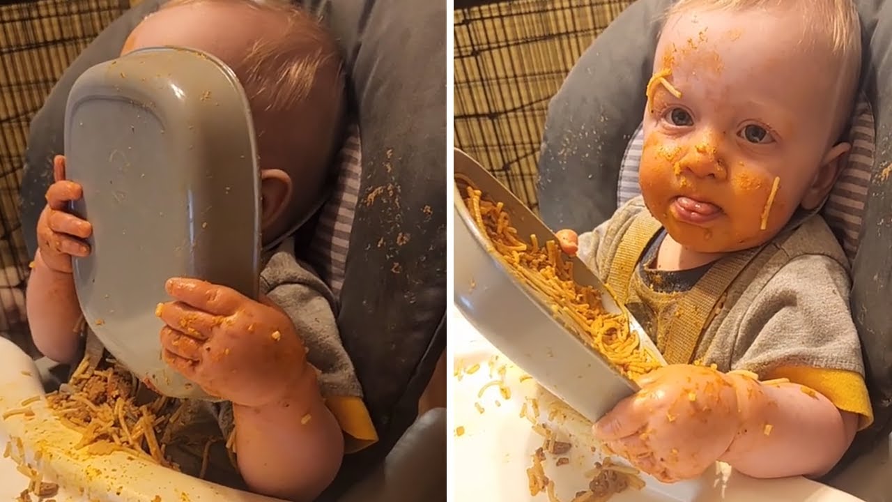 Baby boy gets incredibly messy while eating spaghetti #shorts - YouTube