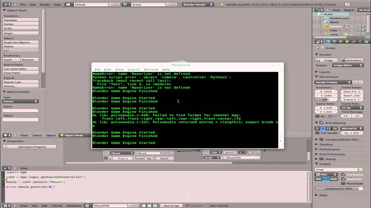 BGE7 - Python in Blender Game Engine - Mouse Cursor Position - Linux - YouTube