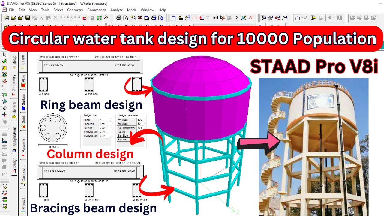 10000 Population circular water tank design by STAAD | civil ...