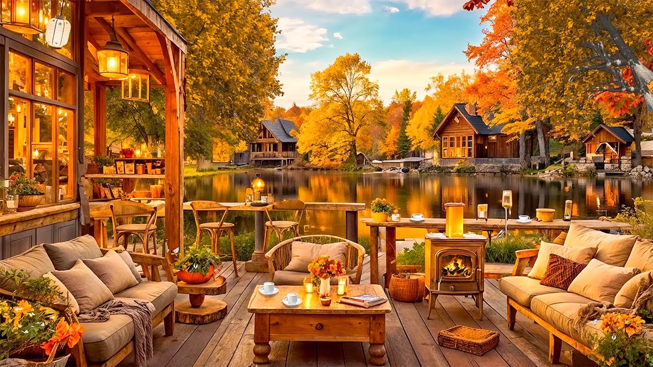 Cozy Fall Coffee Shop Ambience 🍂 Smooth Jazz & Fireplace Crackles for ...