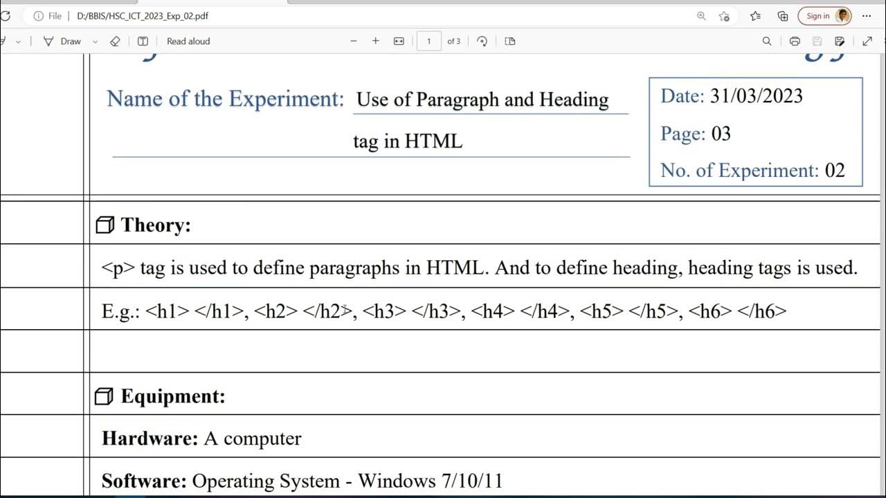 Experiment 2 Paragraph And Heading Tag In Html Hsc Ict Practicals Youtube