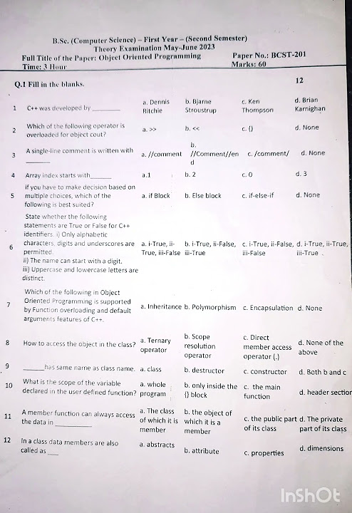 object oriented programming (oops) subject 2nd question paper BCS/Bsc ...