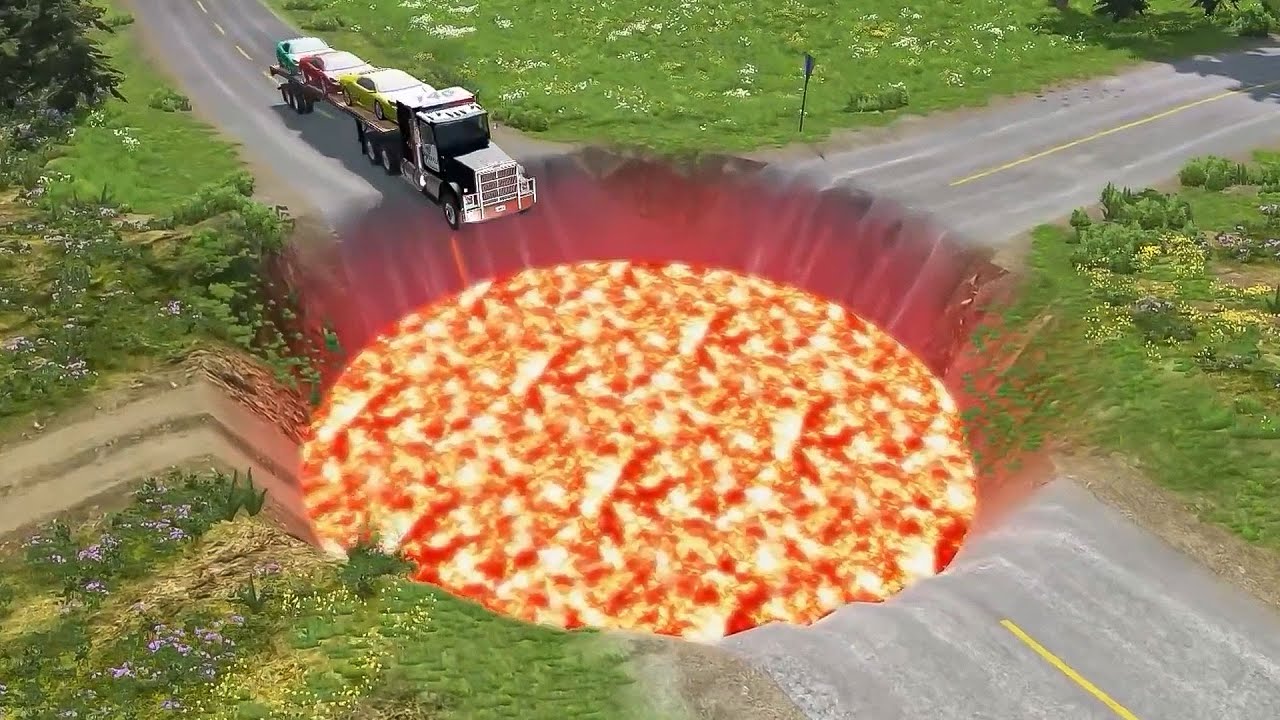 Cars vs Giant Lava Pit - BeamNG.drive - YouTube