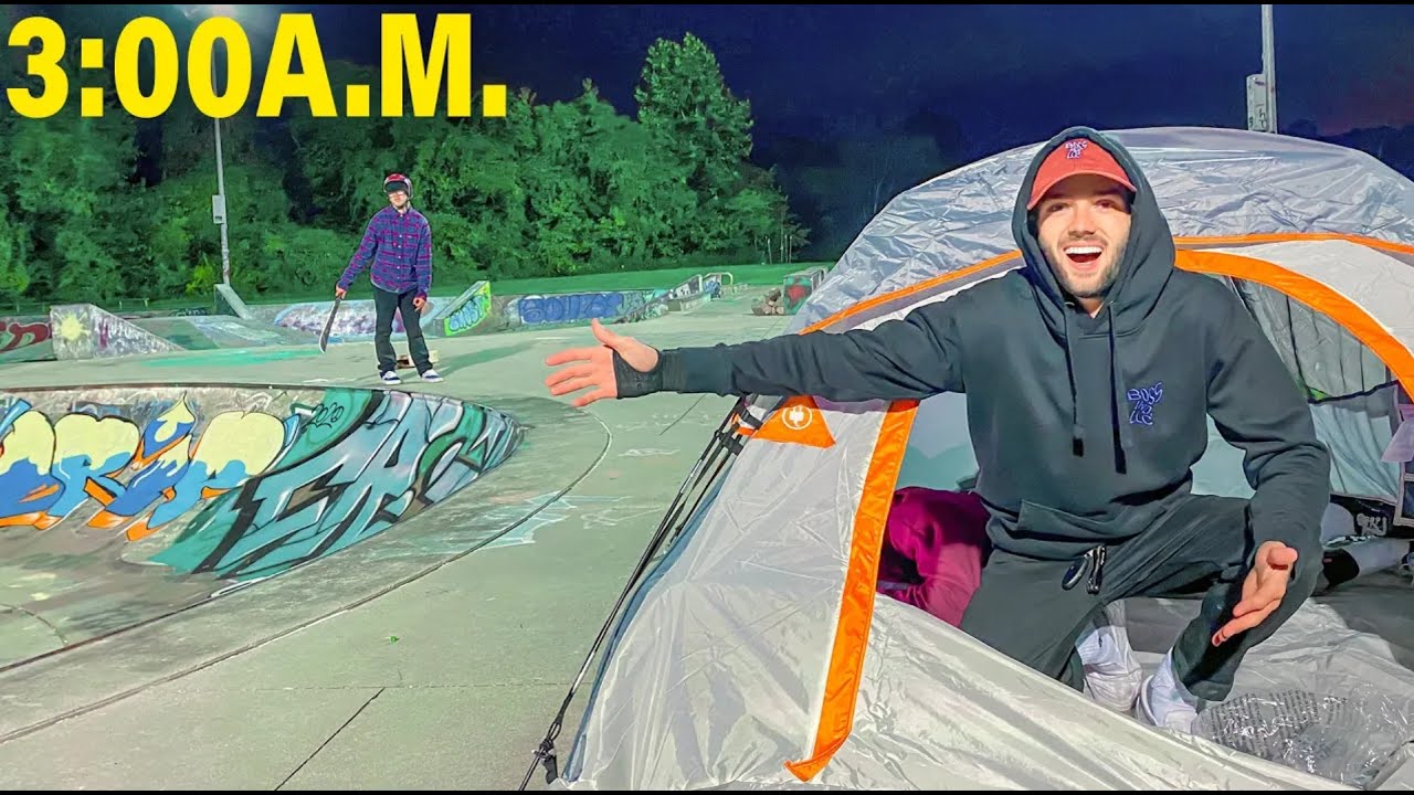 Staying 24 Hours OVERNIGHT at SKETCHY Skatepark *CHALLENGE* - YouTube
