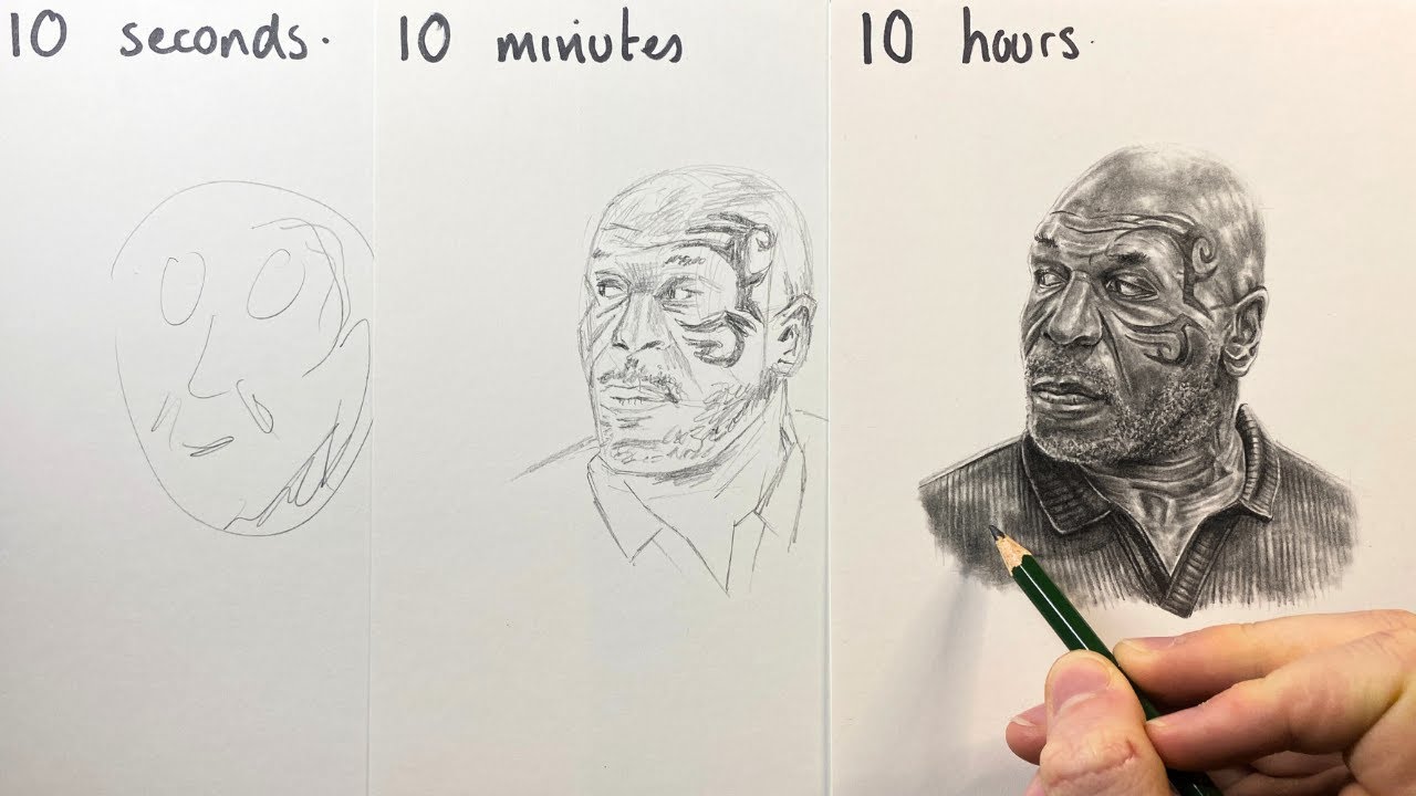 Drawing Mike Tyson - 10 Seconds vs 10 Minutes vs 10 Hours - YouTube