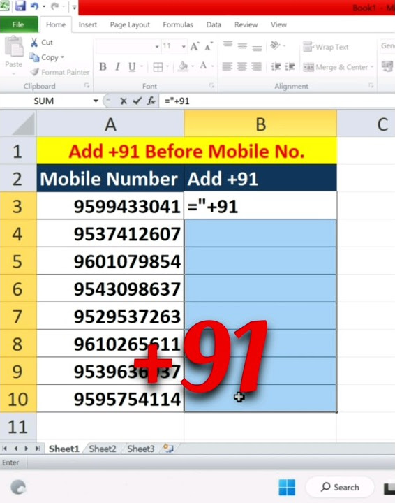 Excel में मोबाइल नम्बर से पहले 91 कैसे Add करें || How to add 91 before number in Excel #shorts ...