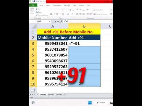 Excel में मोबाइल नम्बर से पहले 91 कैसे Add करें || How to add 91 before number in Excel #shorts ...