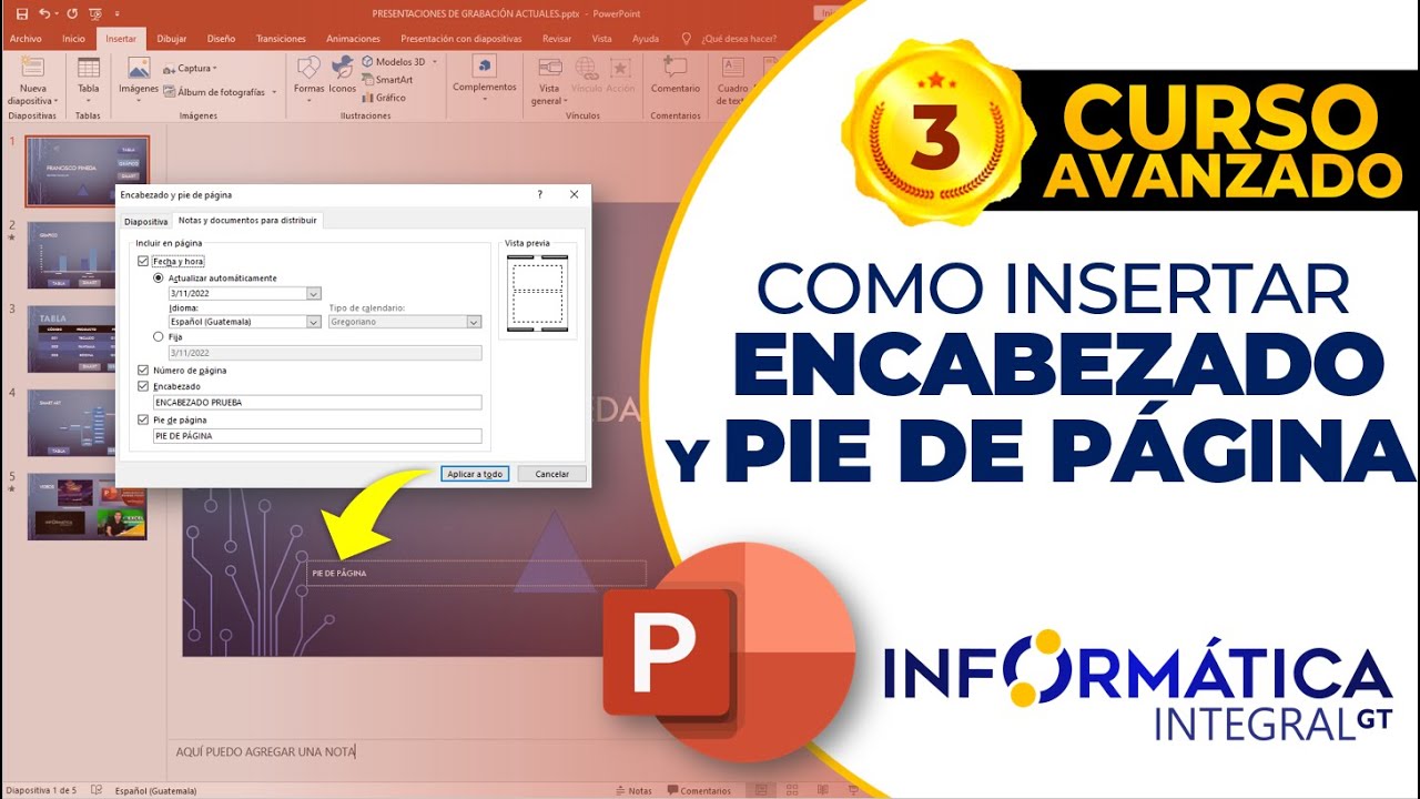 COMO AGREGAR ENCABEZADO Y PIE DE PAGINA EN POWER POINT | Curso Avanzado ...