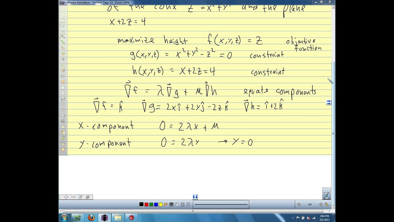 Calc III 2013 13.10 pt 2 Lagrange Multipliers with two constraints ...