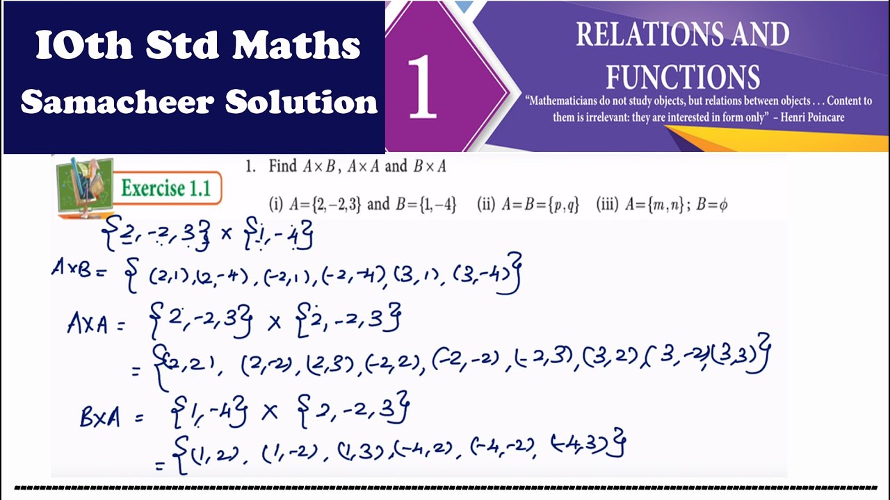 10th Std Maths Ex.1.1 (1) Find AxB, AxA and BxA if (i) A= { 2,-2,3} and ...