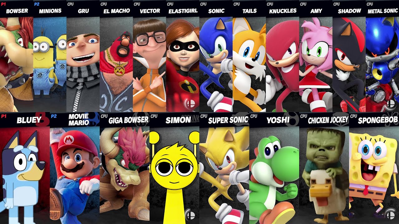 Sonic vs Mario vs Bowser vs Yoshi vs Chicken Jockey vs Bluey vs Sprunki ...
