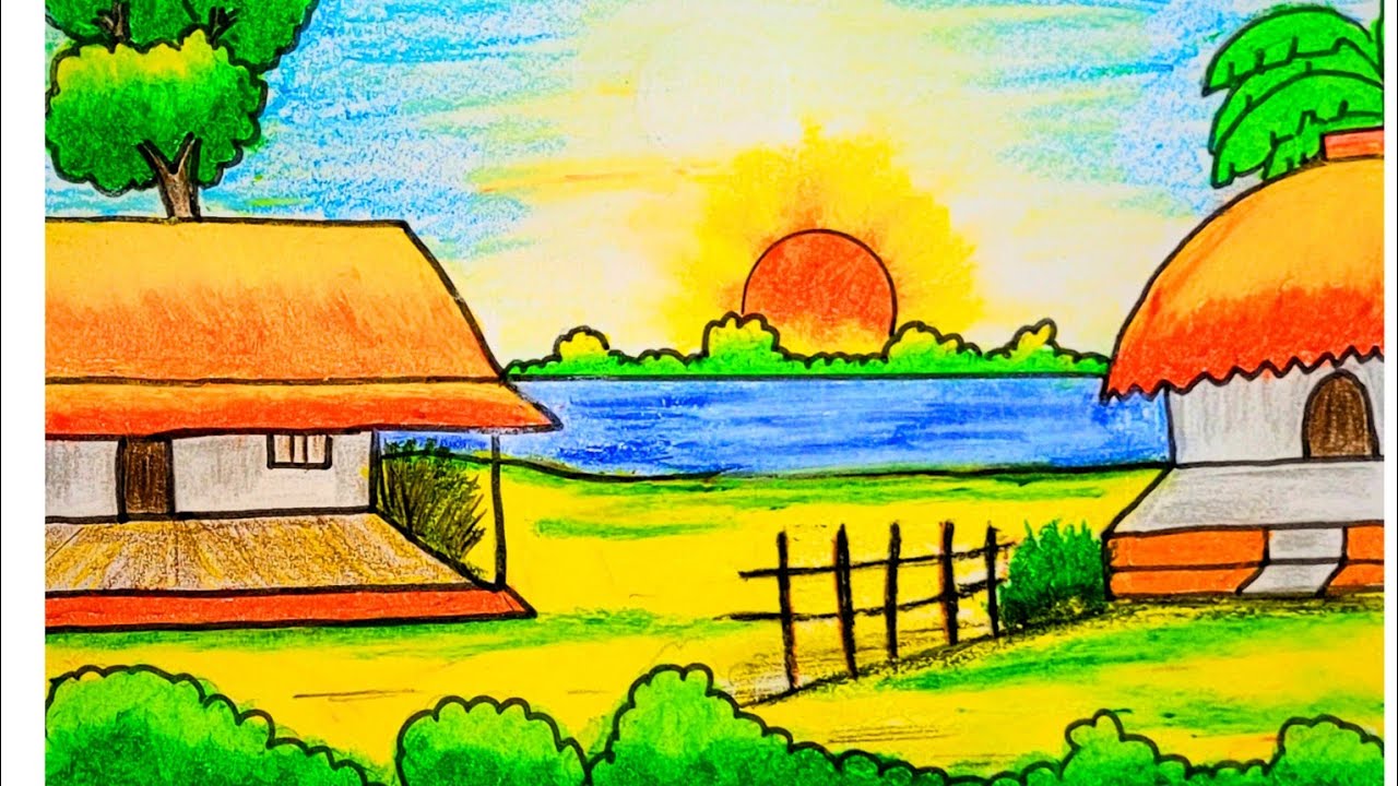 How to draw village scenery//Easy village scenery drawing - YouTube