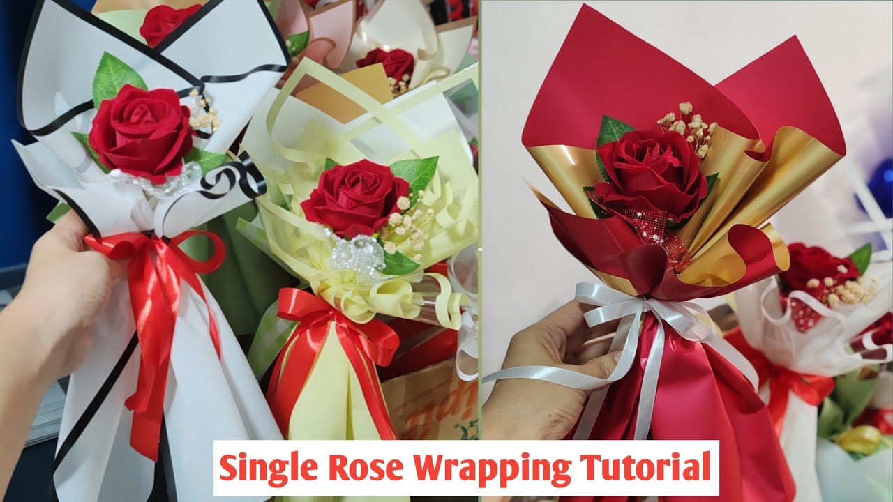 Single rose bouquet wrapping tutorial #rose #rosebouquet - YouTube
