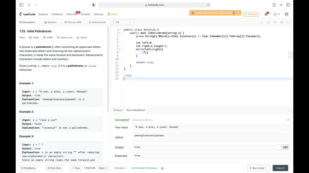 Valid Palindrome Leetcode Csharp Easy Youtube