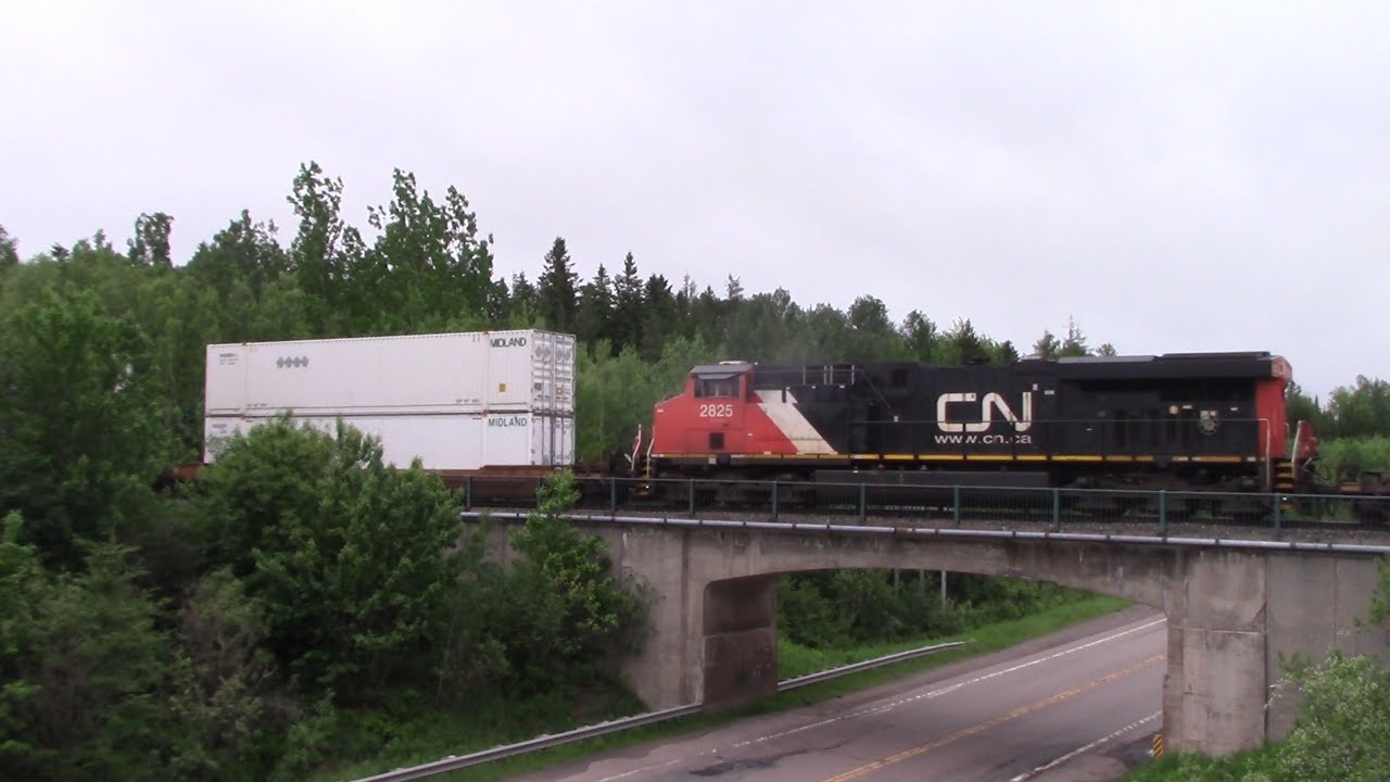 Very Long Stack Train CN 121 w/DPU Crossing Viaduct at Berry Mills, NB ...