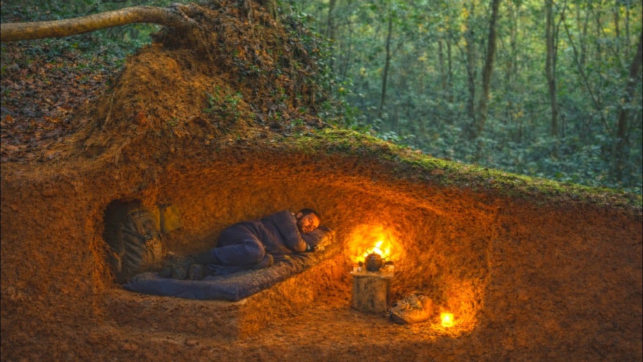 Building a Secret Dugout shelter Under Fallen Tree Root | Bushcraft ...