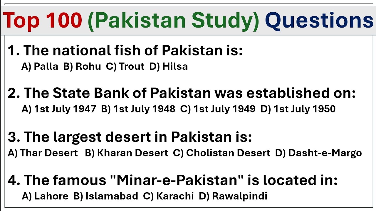 Top 100 Most Repeated Pakistan Study Questions for Competitive Exams ...