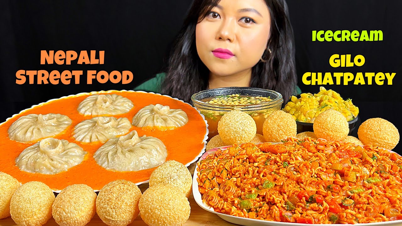 EATING 🔥SPICY PANIPURI | BIG SIZE JHOL MOMO | GILO CHATPATEY | NEPALI ...