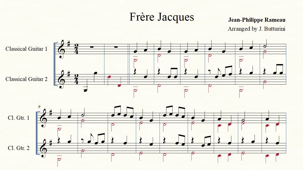 FRERE JACQUES, BROTHER JOHN, FRA' MARTINO, arranged for two guitars ...