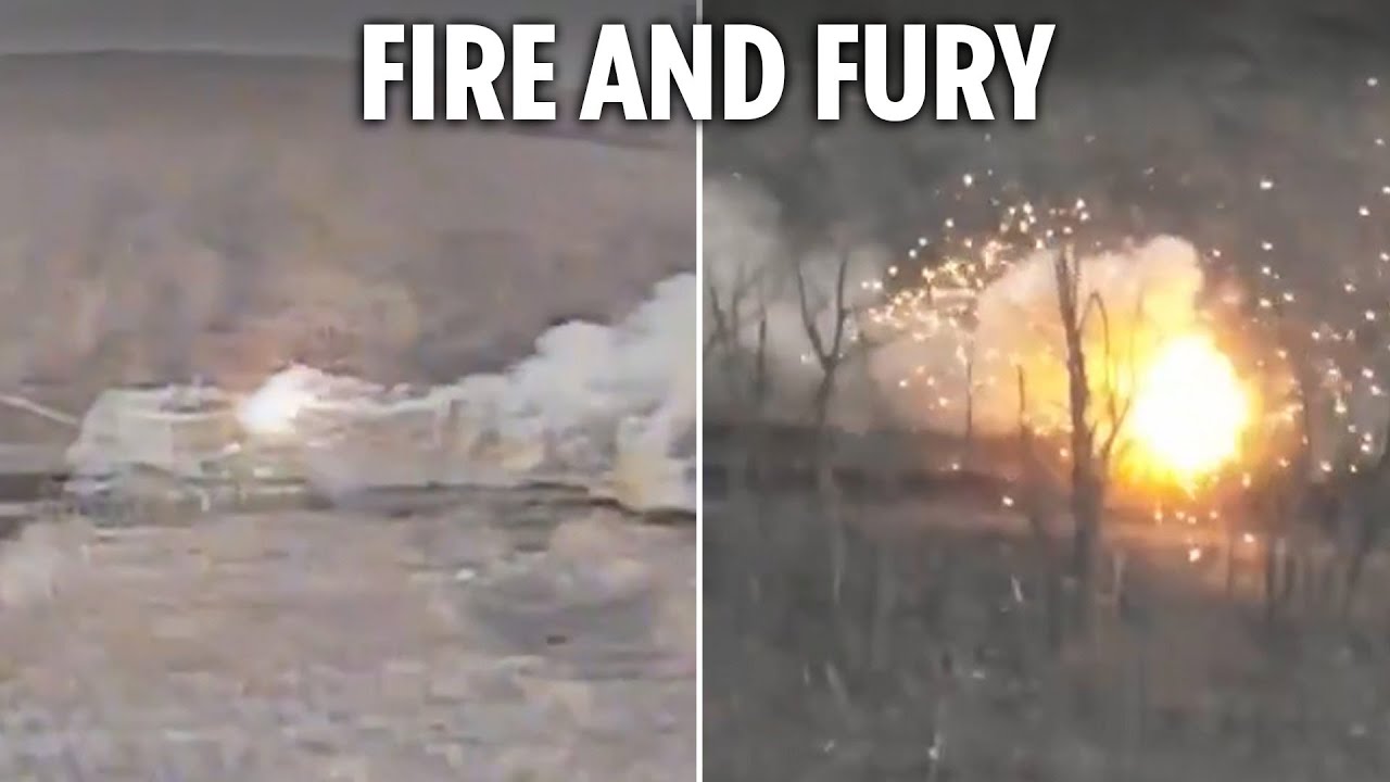 Russian tank explodes in ball of flames after kamikaze drone strike ...