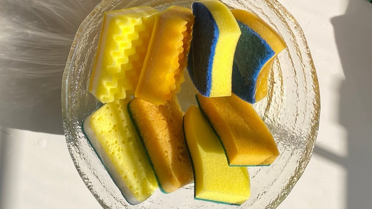 ASMR bulk wet kitchen sponge ripping - bleached and regular crispy foam ...