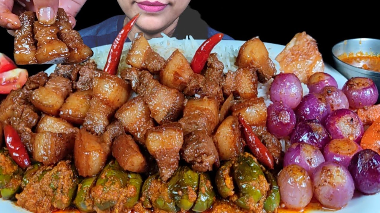 ASMR EATING BRAISED PORK BELLY WITH LOTS OF FRIED ONION PICKLE, MASALA ...