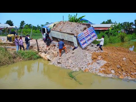 Incredible Dump Truck Drive Back Uploading Fail Overturned In the Pond Recse by Power Dozer Pull ...