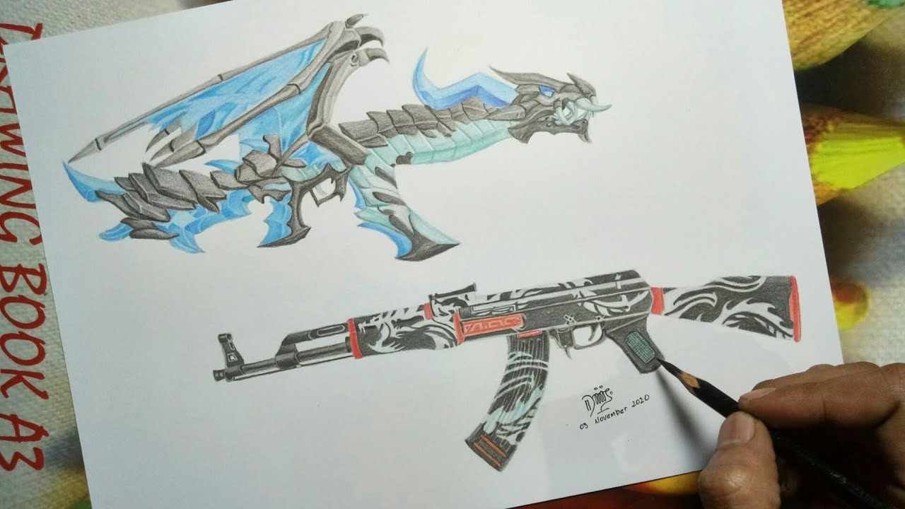 Menggambar AK47 Blue Flame Draco & AK Flaming Dragon / Free Fire Weapon ...