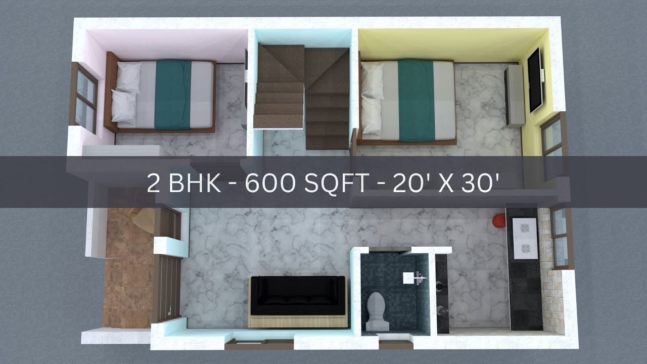 20 x 30 | 600 sqft | 2bhk | House floor plan | 3d house plan | home ...