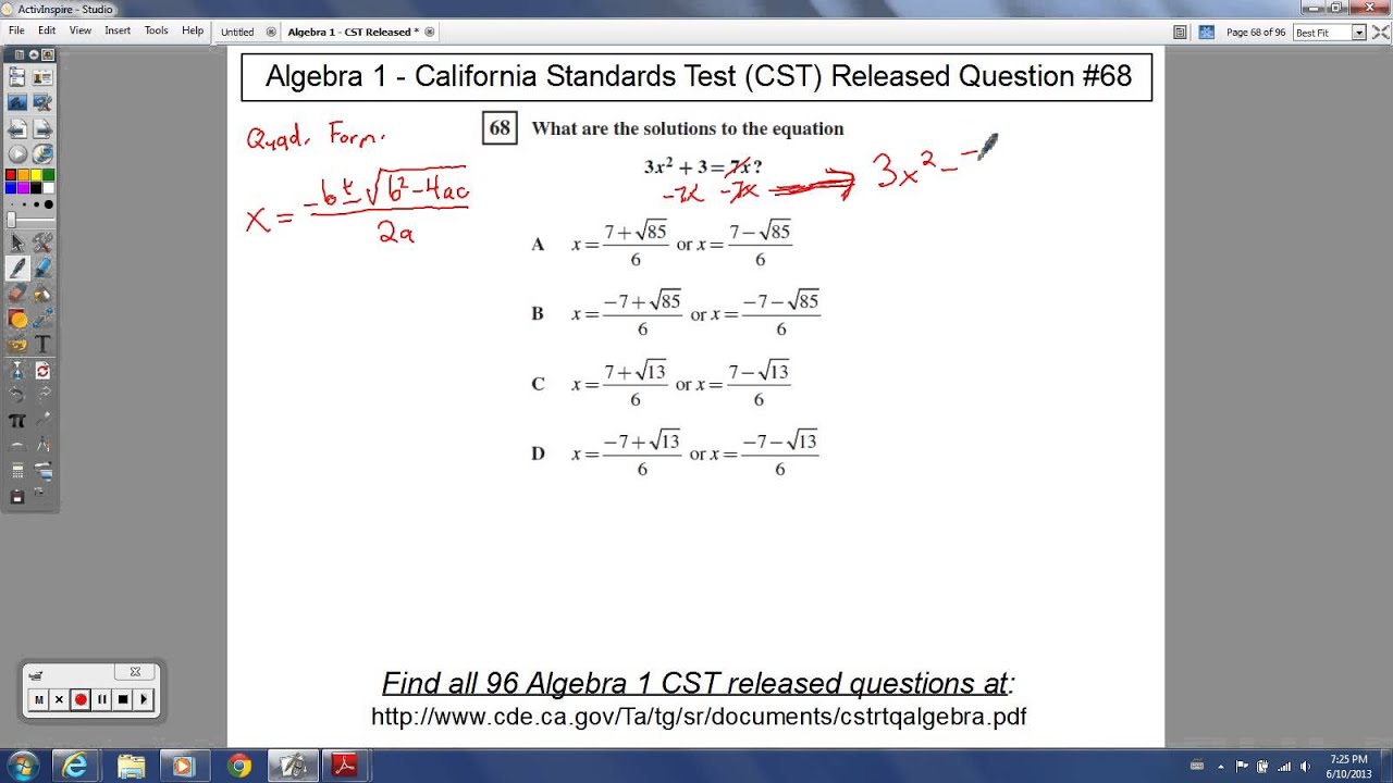 Algebra 1 - CST Released Question #68 (Solving Equations Using the Quadratic Formula) - YouTube