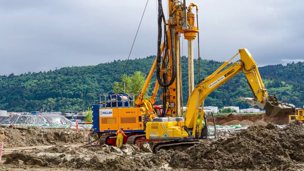 Drill rig Deep Soil Mixing on construction site time lapse - YouTube