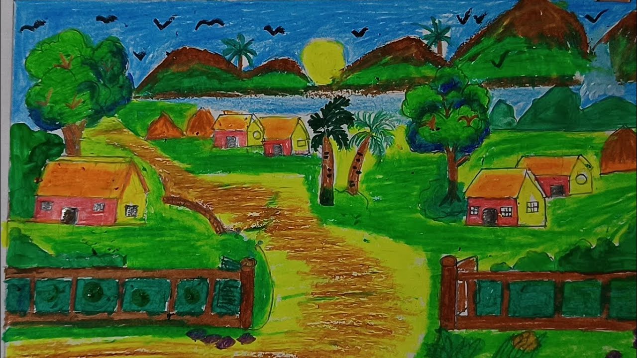 খুব সহজ ভাবে আঁকতে শিখুন গ্রামের সিনারি| Haw to draw a beautiful ...