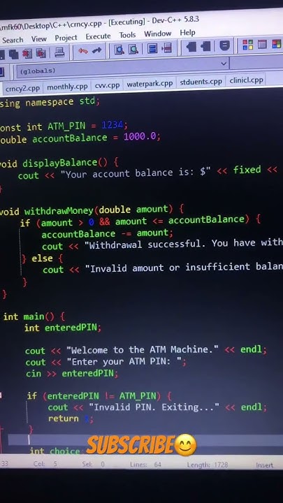 atm pin IDE dev c++ #cppprogramming - YouTube