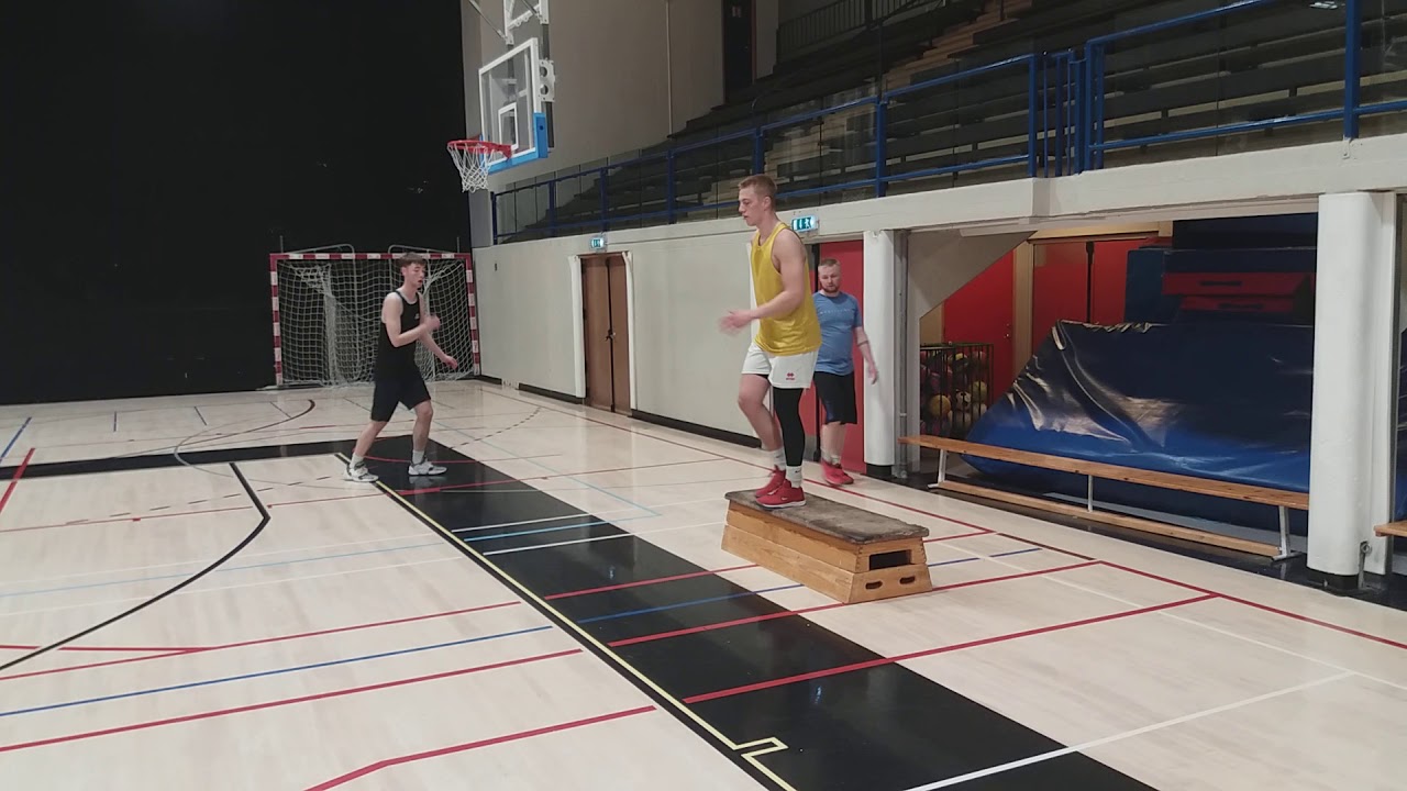 Box drop to 2 foot jump, into 1 foot land and push off to slide 2/3 ...