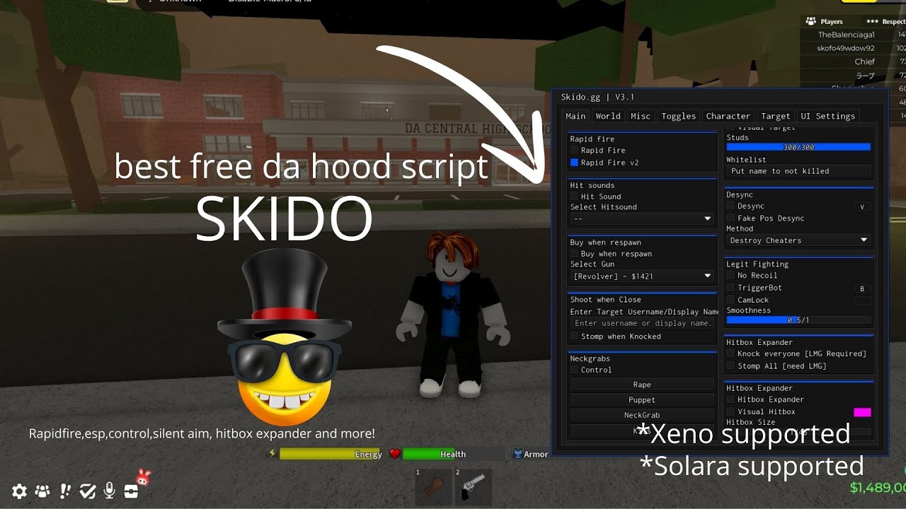 Da hood free script skido!Aimbot,esp,control,rapidfire,hitboxexpander ...