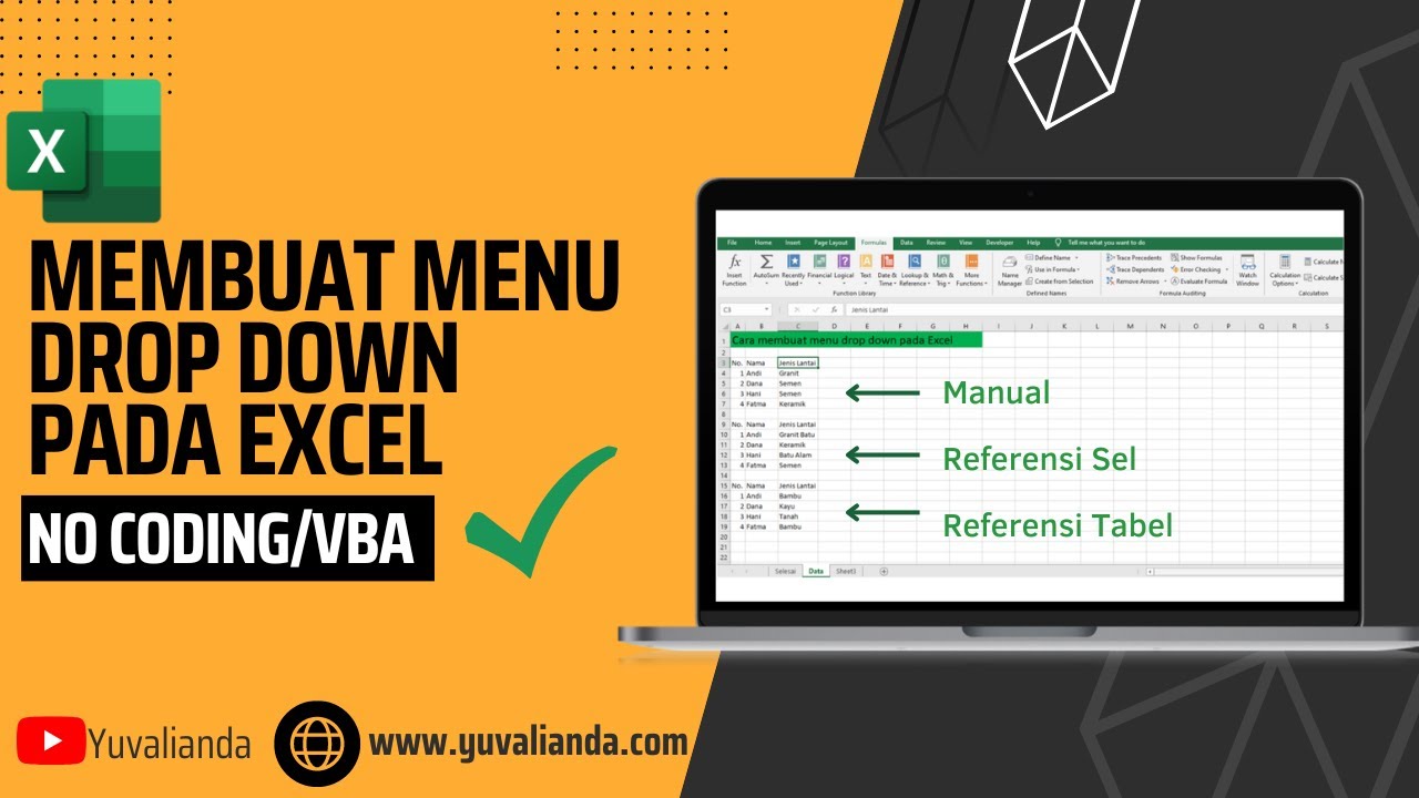 Cara membuat menu drop down pada Excel tanpa Coding - YouTube