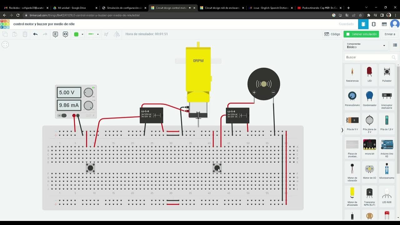 Control de buzzer y motor mediante relés + relé de enclavamiento (Tinkercad ) - YouTube