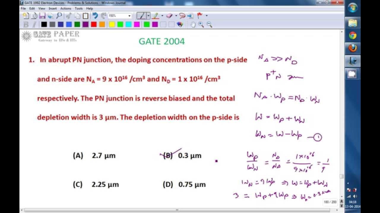 GATE 2004 ECE Depletion width on P side of reverse biased PN junction - YouTube