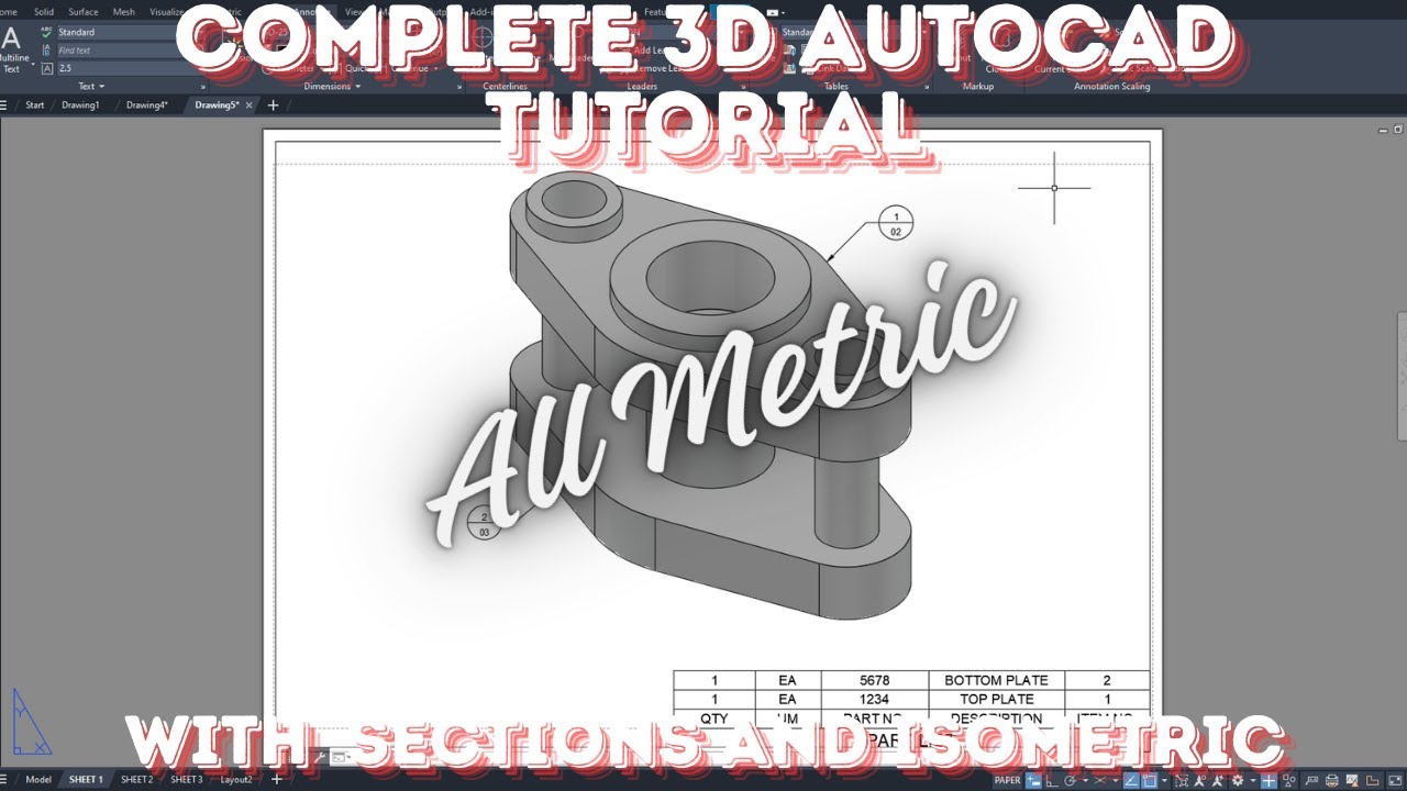Complete 3D AutoCAD All Metric Video with Dimensions and Sections - YouTube