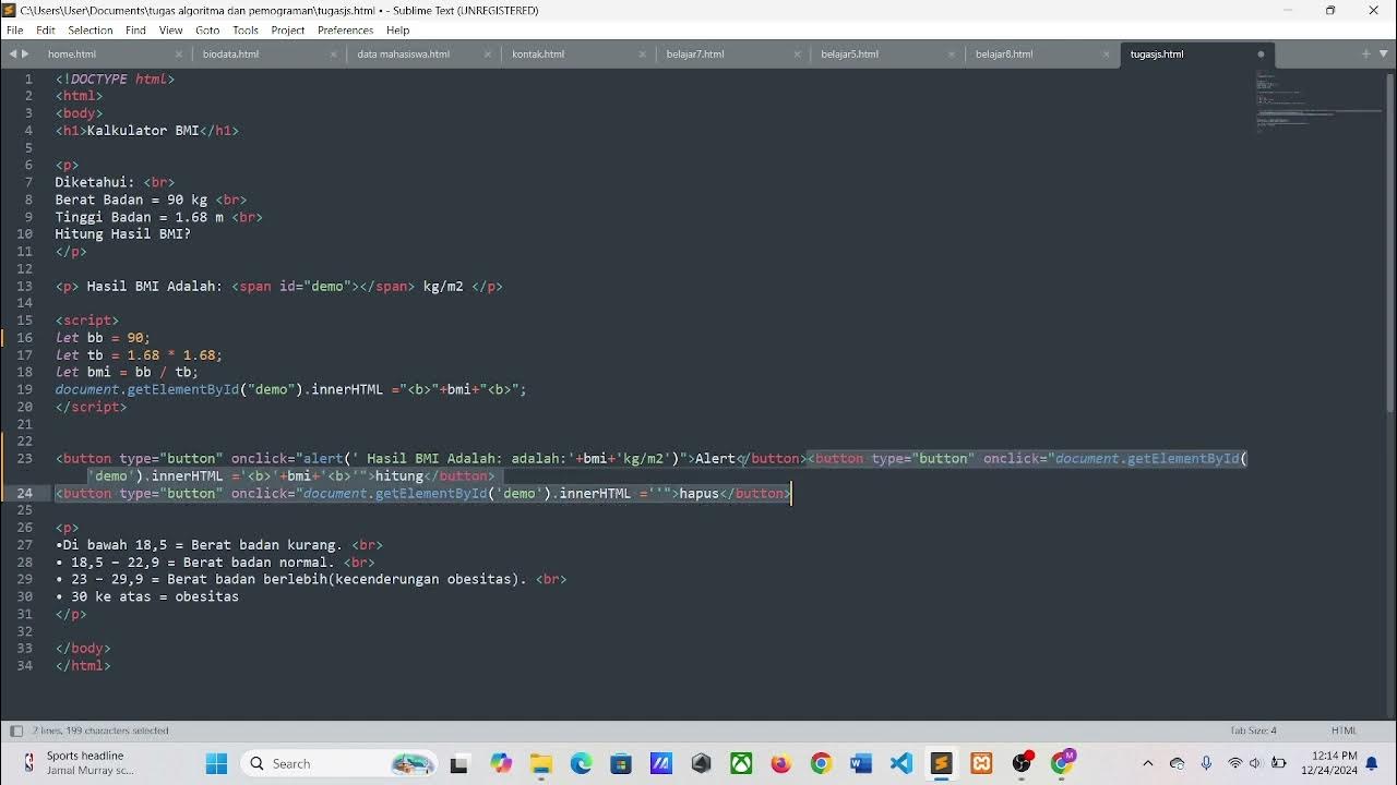 Membuat Kalkulator BMI sederhana menggunakan HTML dan JAVASCRIPT - Tugas Alpro - YouTube