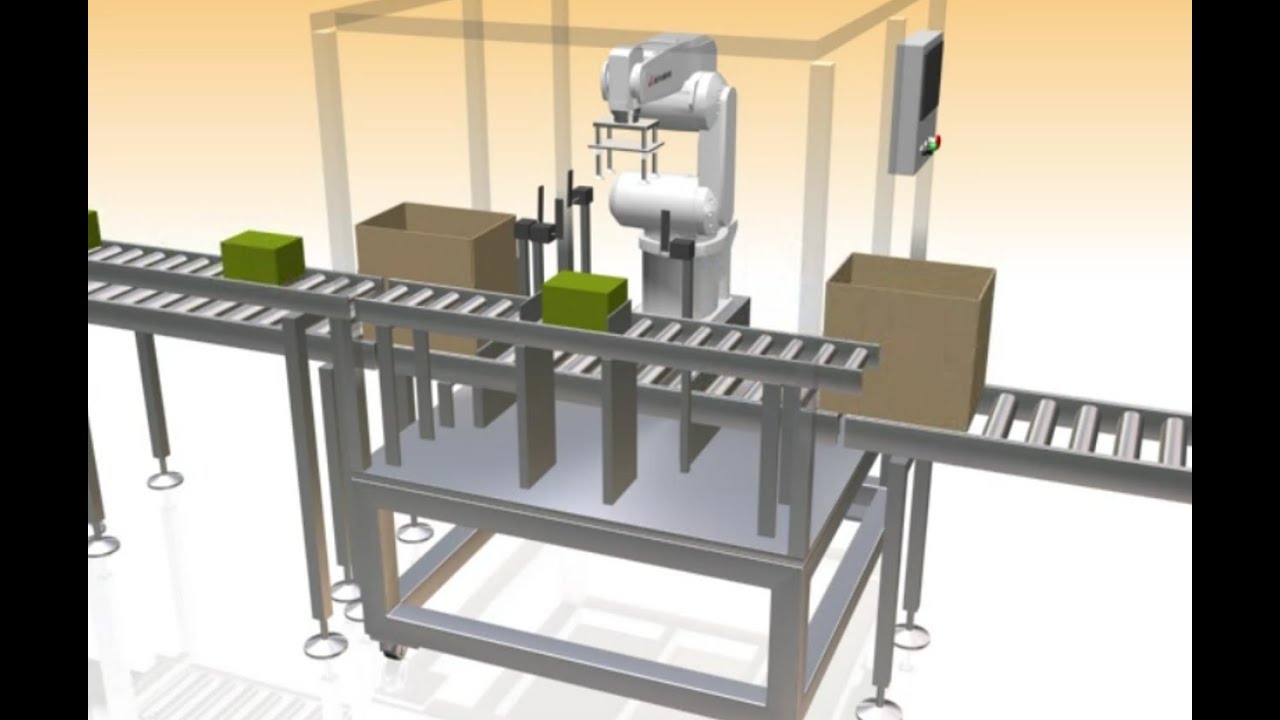 【ケーシング】垂直多関節ロボット_コンベヤ搬送ワークを箱詰め - YouTube