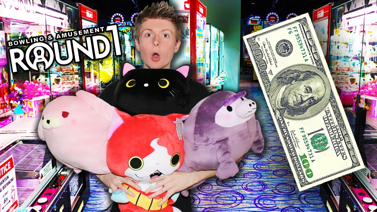 $100 CLAW MACHINE CHALLENGE AT ROUND 1 ARCADE!! - YouTube