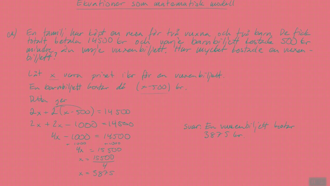 Matematik 1b och 1c: Ekvationer som matematisk modell - YouTube