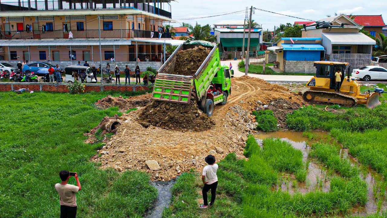 Amazing new Project ! Bulldozer KOMATSU D51P, Dump Truck unloading ...
