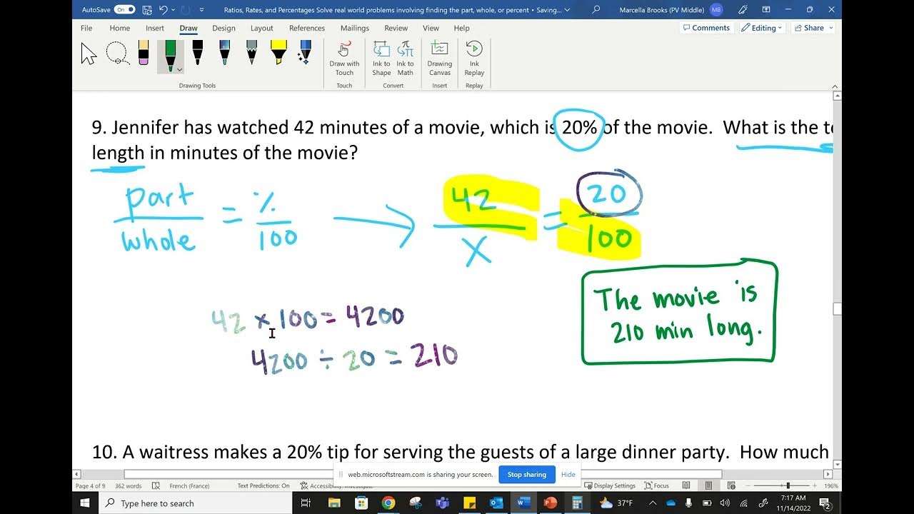 Solve real world problems involving finding the part, whole, or percent ...