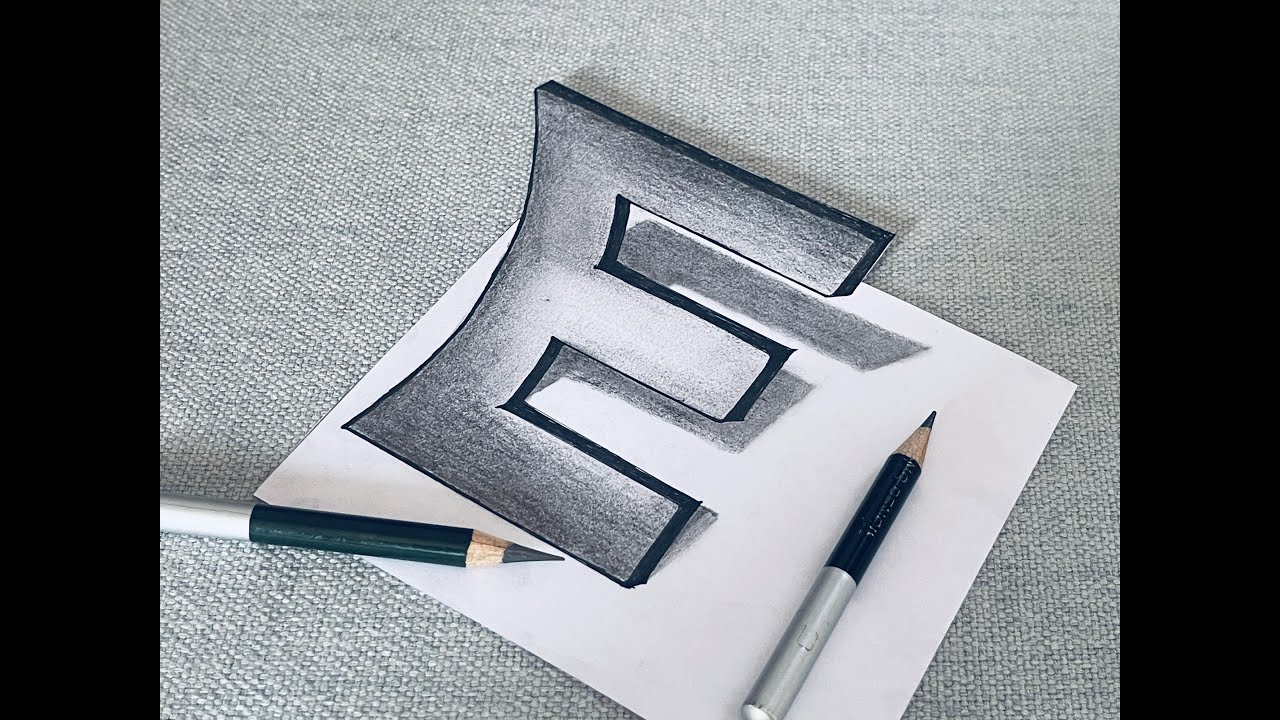 easy draw letter E 3D on paper for beginners, how to draw 3D letter E ...